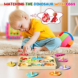 Zeoddler Wooden Puzzles for Toddlers, 8 Pcs Dinosaur Matching Egg Puzzle, Montessori Toys for Boy Girl Easter Birthday Gifts, Preschool Learning Activities & Educational Toys for Boys, Girls