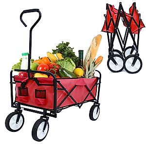 Collapsible Folding Wagon, Heavy Duty Utility Beach Wagon Cart with Side Pocket, Large Capacity Foldable Grocery Wagon for Garden Sports Outdoor Use (Red)