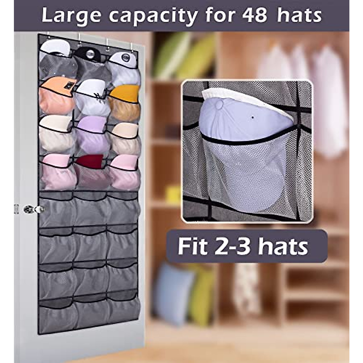 KEETDY 24 Large Pockets Over The Door Hat Rack and Hat Storage for Baseball Caps Organizer Hat Bag