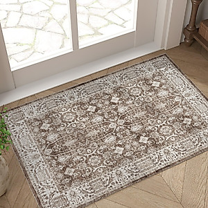 jinchan Area Rug 2x3 Entryway Rug Washable Rug Indoor Doormat Distressed Vintage Boho Rug Accent Small Rug Floral Classic Non Slip Kitchen Rug Soft Rug Retro Carpet for Bedroom Bathroom Decor Taupe