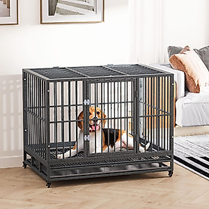 PawHut 43" Heavy Duty Dog Crate Metal Cage Kennel with Lockable Wheels, Double Door and Removable Tray, Gray