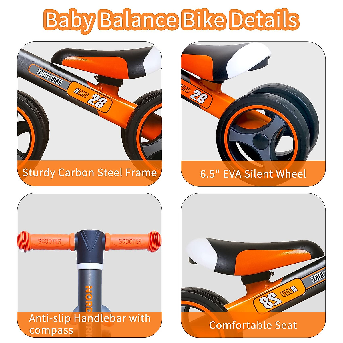 Baby Balance Bike, Built-in Compass Toddler Bikes 18-36 Months Toys for 1 Year Old Gift Bike, Train Baby from Standing to Running, Baby Bike with 4 Silent Wheels, First Birthday Gifts(Orange)