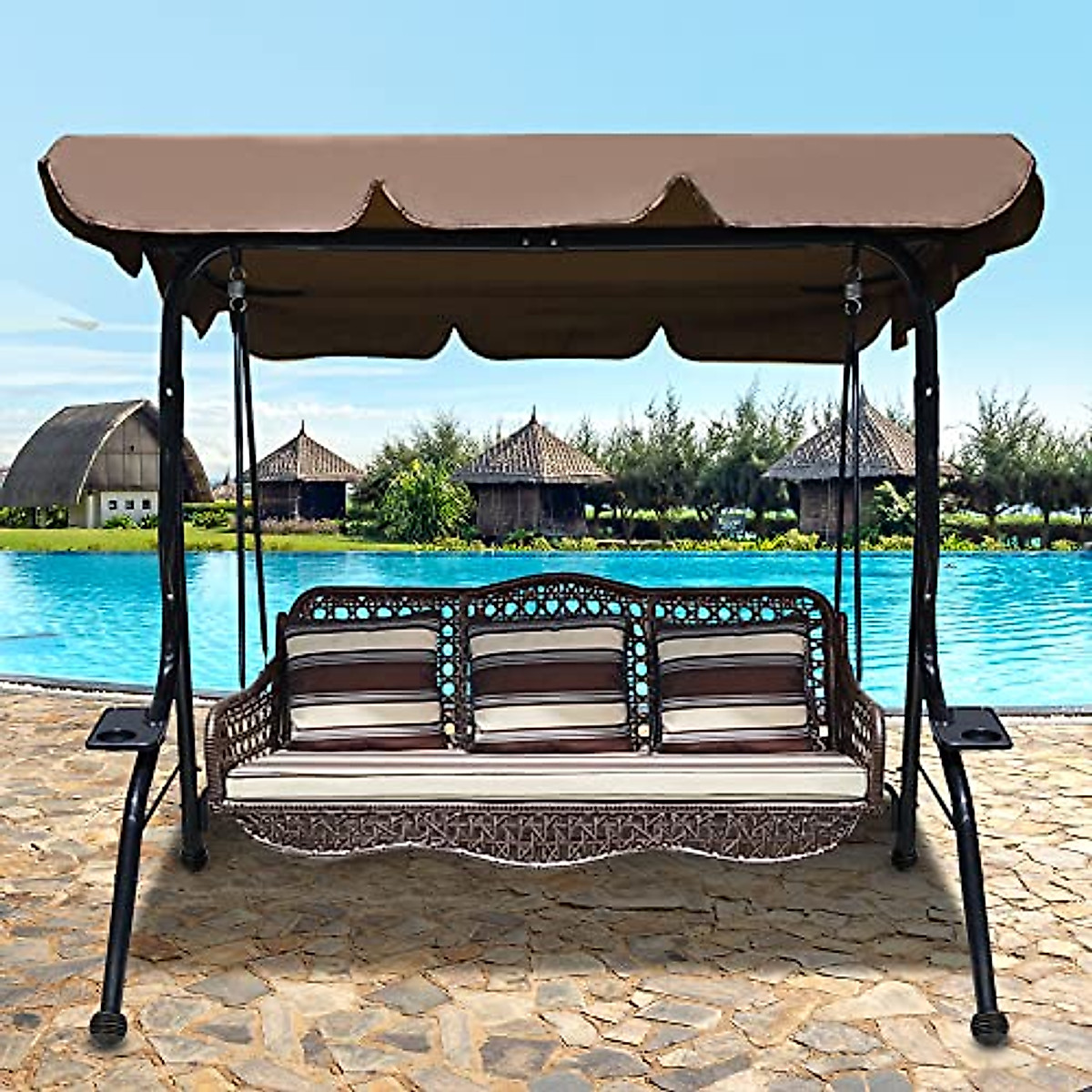 J.M.Deco 3 Seat Porch Swing, Outdoor Swing with Canopy Adjustable, 3 Pillows & 2 Side Trays, Wicker Patio Swing Chair for Balcony, Garden, Poolside, Backyard (Brown)