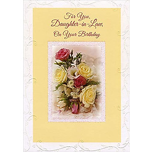Designer Greetings Pink and Yellow Roses with Glitter Frame on Yellow Birthday Card for Daughter-in-Law