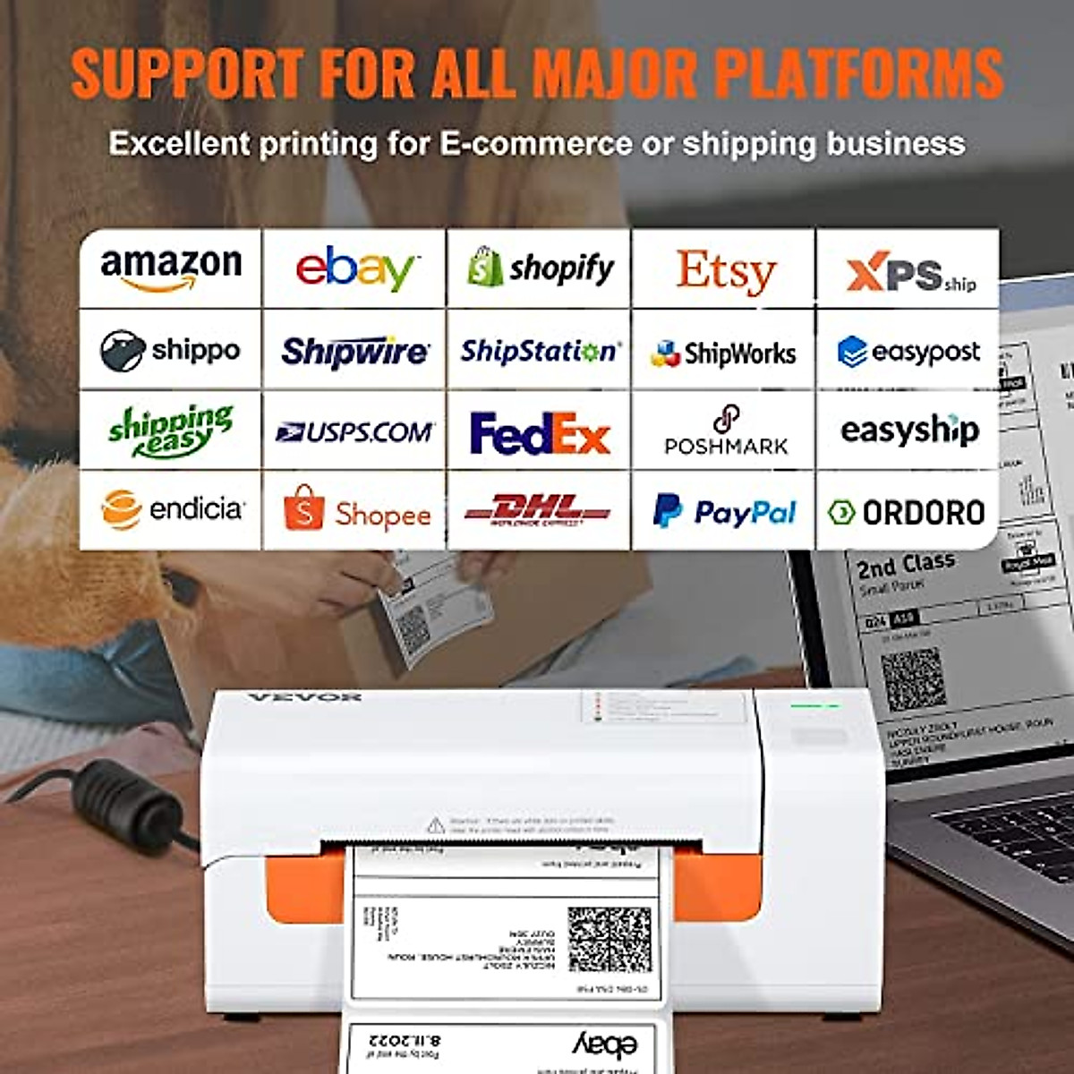 VEVOR Thermal Label Printer, Shipping Label Printer for 4"x6" Labels, USB Connection & Auto Label Recognition, Support Windows/MacOS/Linux/Chromebook, Compatible w/Amazon, Ebay, Etsy, UPS,etc