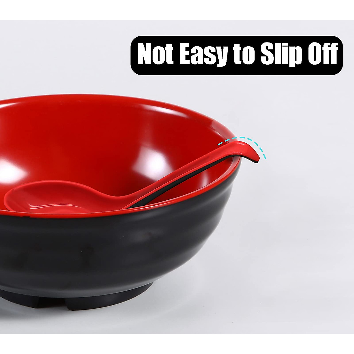 Cionyce 2PCS Wonton Soup Spoons, Chinese Japanese Miso Ramen Dumpling Pho Rice Noodle Soba Soup Spoons, Red and Black Melamine Spoons