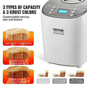 VEVOR Bread Maker, 15-in-1 3LB Dough Machine, Nonstick Ceramic Pan Automatic Breadmaker with Gluten Free Setting, Whole Wheat Bread Making, Digital, Programmable, 3 Loaf Sizes, 3 Crust Colors, White