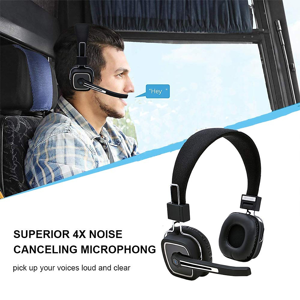 Trucker Bluetooth Headset Wireless with Noise canceling Microphone, On-Ear Wireless Headphones with Mic,Over The Head Earpiece for iOS & Android Mobile Phone, Skype, Truck Drivers, Call Center,Voip