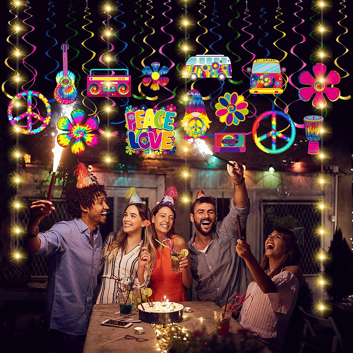 Skyygemm 56 Pcs 60s Hippie Hanging Decorations with Lights Groovy Retro Hippie Hanging Swirls Flower Peace and Love Bus Cutouts Tie Dye Ceiling Streamers for Birthday Baby Shower Supplies Favors