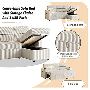 CAPCAEK 85" Corduroy Sofa Bed with Storage Chaise, L Shaped 3 Seat Sectional Couch, Pull Out Sleeper Sofabed with Cup Holders & USB Charge Port for Living Room, Office, Apartment (Beige)