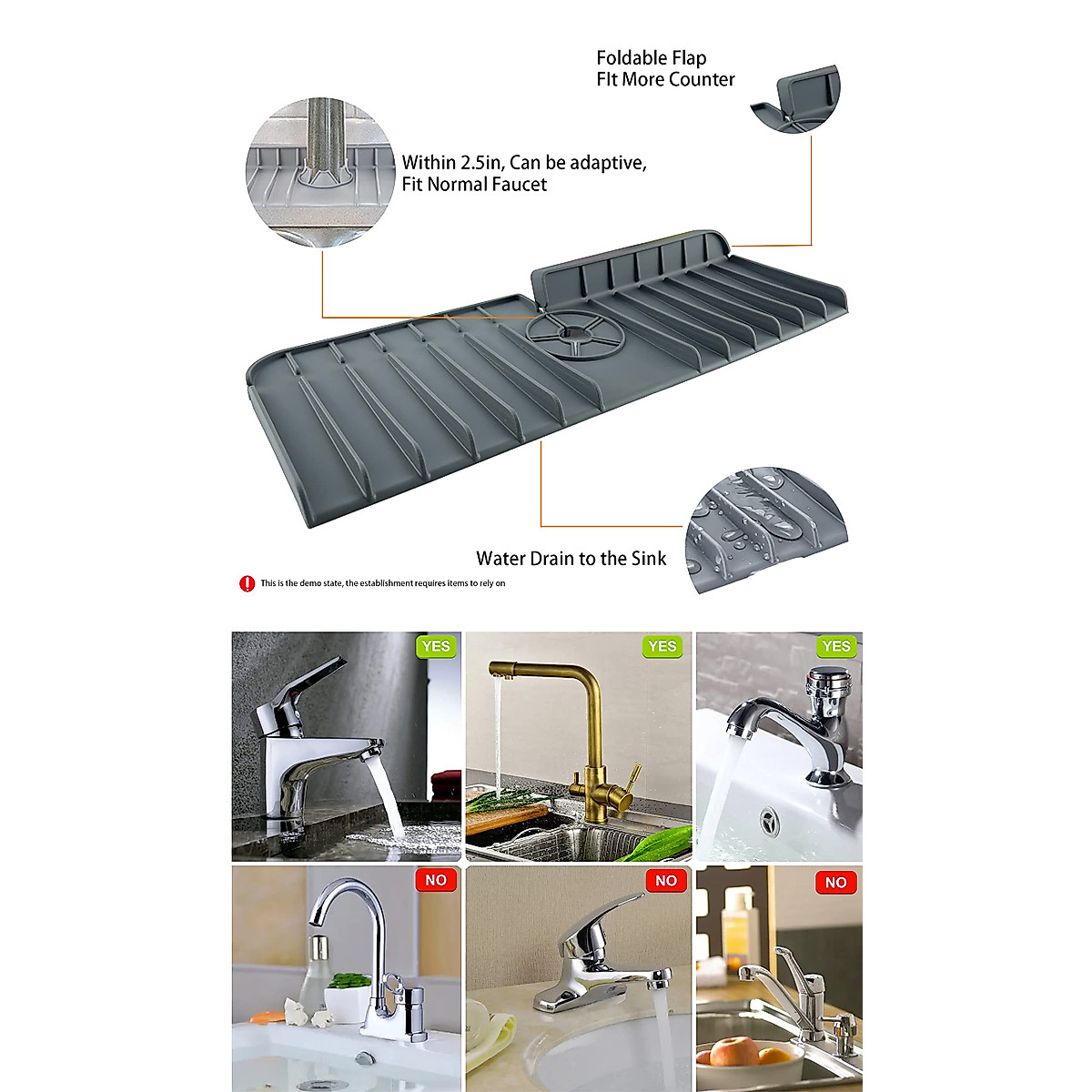 Encoli Silicone Faucet Splash Guard Mat Drip Catcher -Slanted Floor AUTO Drain Water, Sink Draining Pad Behind Faucet, Backsplash Guard, for Kitchen Bathroom Bar Countertop (Grey)