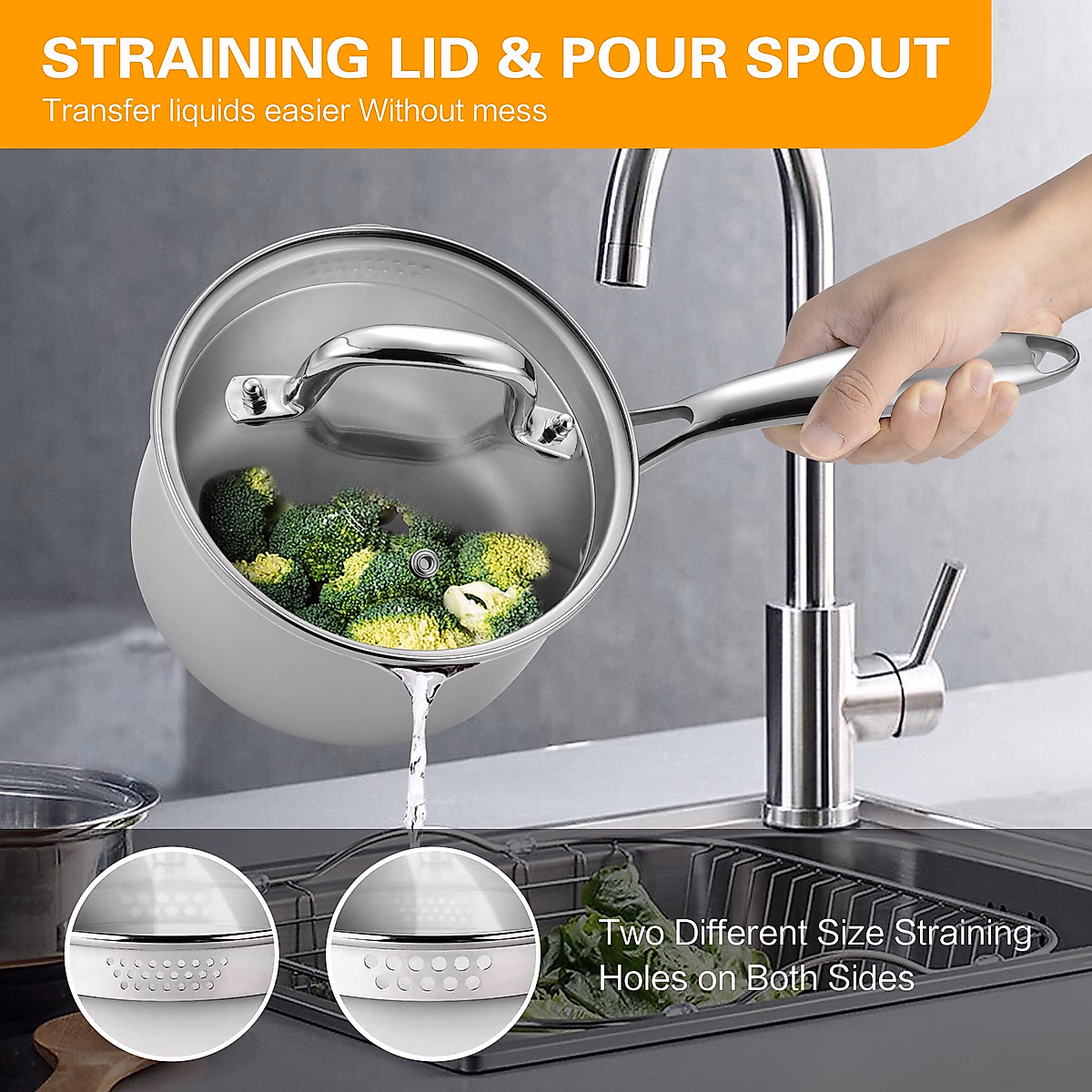 Cyrosa 2.0 Quart Saucepan with Lid, Stainless Steel Sauce Pot with Strainer Lid, Two Side Spouts for Easy Pour with Ergonomic Handle, Dishwasher Safe