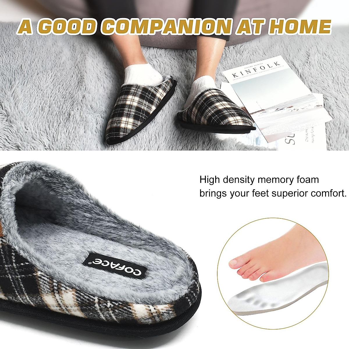COFACE Mens Womens Black White Flano Plaid Cozy Memory Foam Scuff Slippers Slip On Warm House Shoes Indoor/Outdoor With Best Arch Support