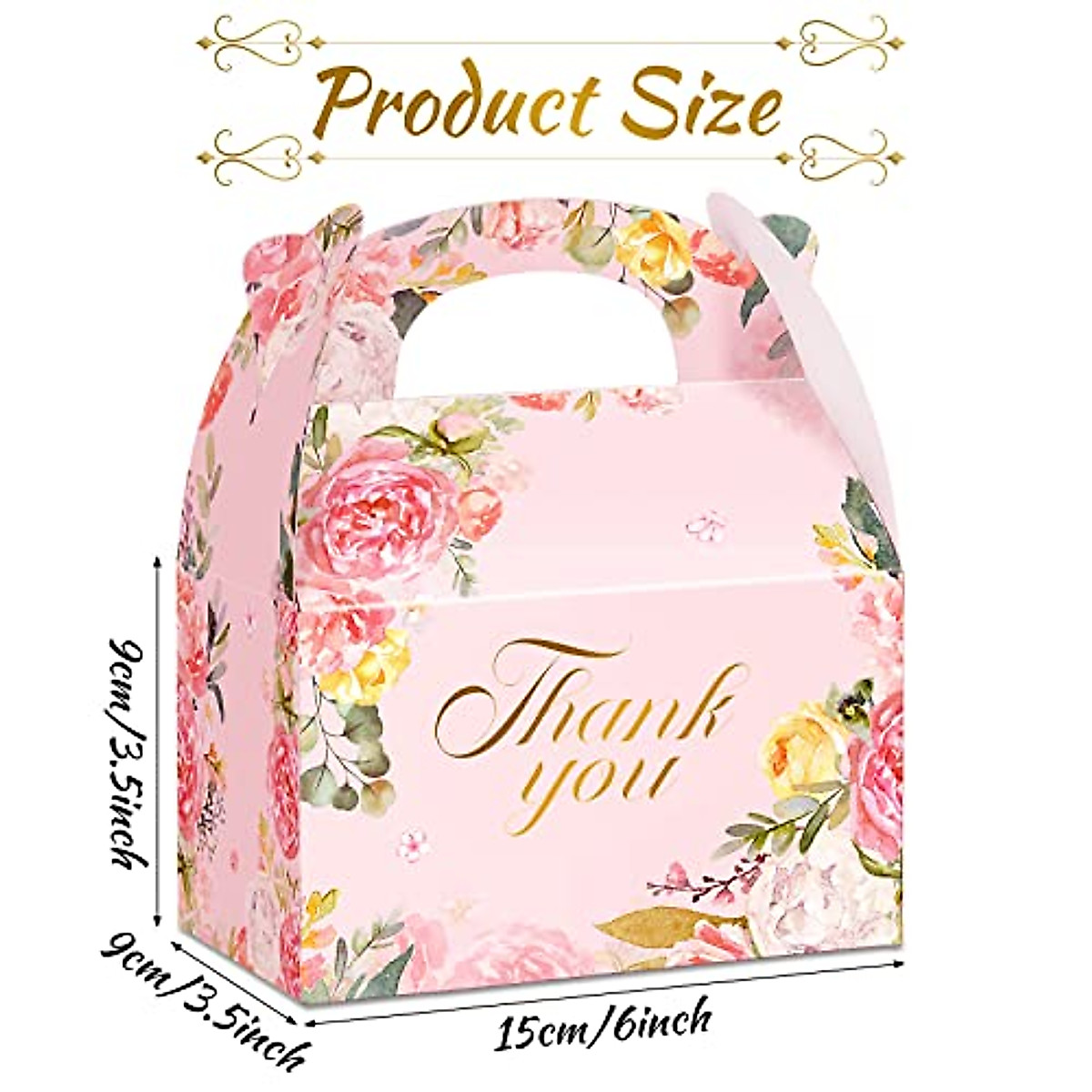Thank You Treat Boxes 6 x 3.5 x 3.5 Inch, White Pink Floral Cardboard Gift Box Party Favor Boxes Candy Cookie Container for Brunch Wedding Birthday Baby Shower Celebration (48 Pcs)