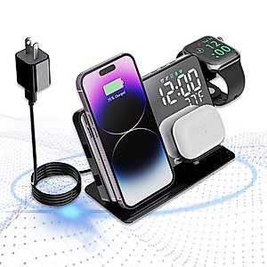 4-in-1 Wireless Charging Station for Apple Devices, 18W Fast Charge Wireless Charger with Alarm Clock and Temperature Display, Wireless Charger Stand for iPhone 14 13 12, Apple Watch & AirPods