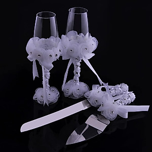 Creative Wedding Supplies Wedding Wine Cup Cake Knife Shovel Server Set Transparent Glass Goblet Stainless Steel Knife Shovel White Flower Cake Knife Shovel Four-piece Set