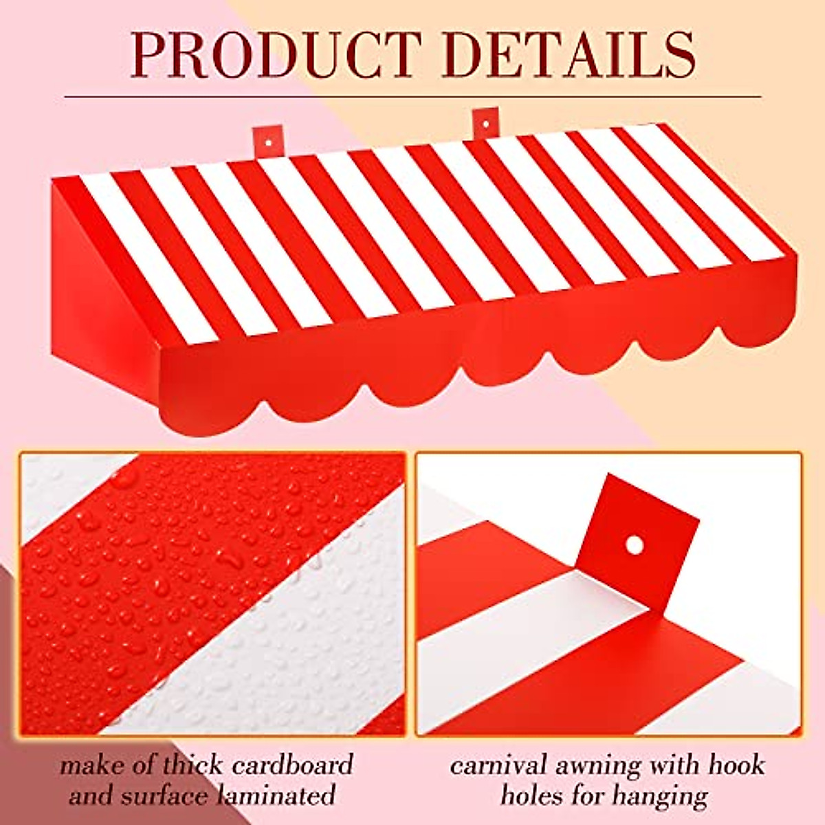 Tallew 8 Pcs 3D Awning Wall Decor Stripes Paper Carnival Tent Circus Birthday Candy Party Theme Doors Window Classroom Home Christmas (Farmhouse Style), Red and White, 63 x 23 cm/ 24.8 x 9.06 inches