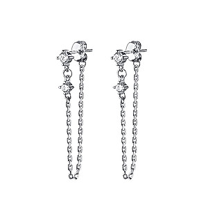 Reffeer Sterling Silver Chain Dangle Earrings for Women Teens Girls CZ Chain Drop Earrings Studs (A-Silver)