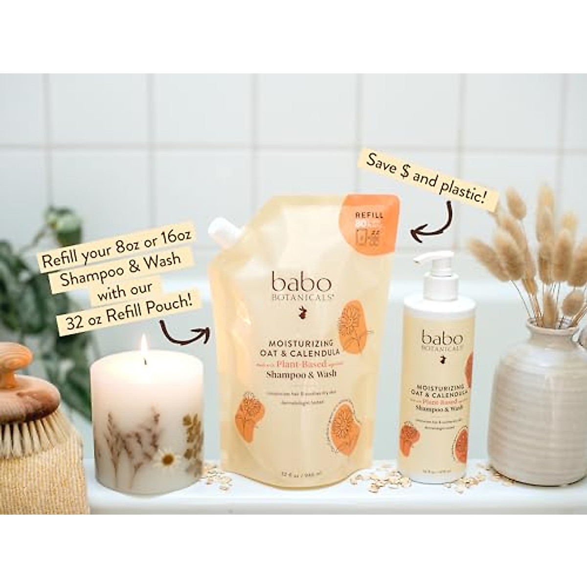 Babo Botanicals Moisturizing Oat & Calendula 2-in-1 Shampoo & Wash - For Dry or Sensitive Skin - For all ages - Lightly Scented - Vegan - 16 Fl Oz