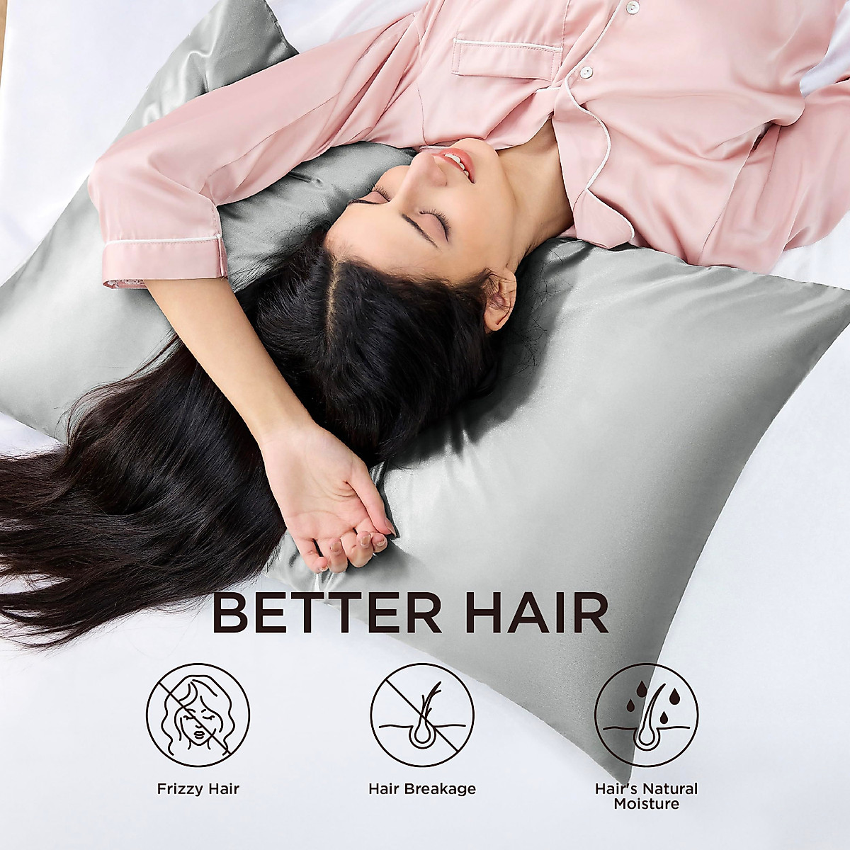 Bedsure Satin Pillowcase for Hair and Skin - Grey Zipper King Size Pillow Cases Set of 2, Similar to Silk Pillow Cases, Silky & Soft, Gifts for Women Men, 20x36 Inches