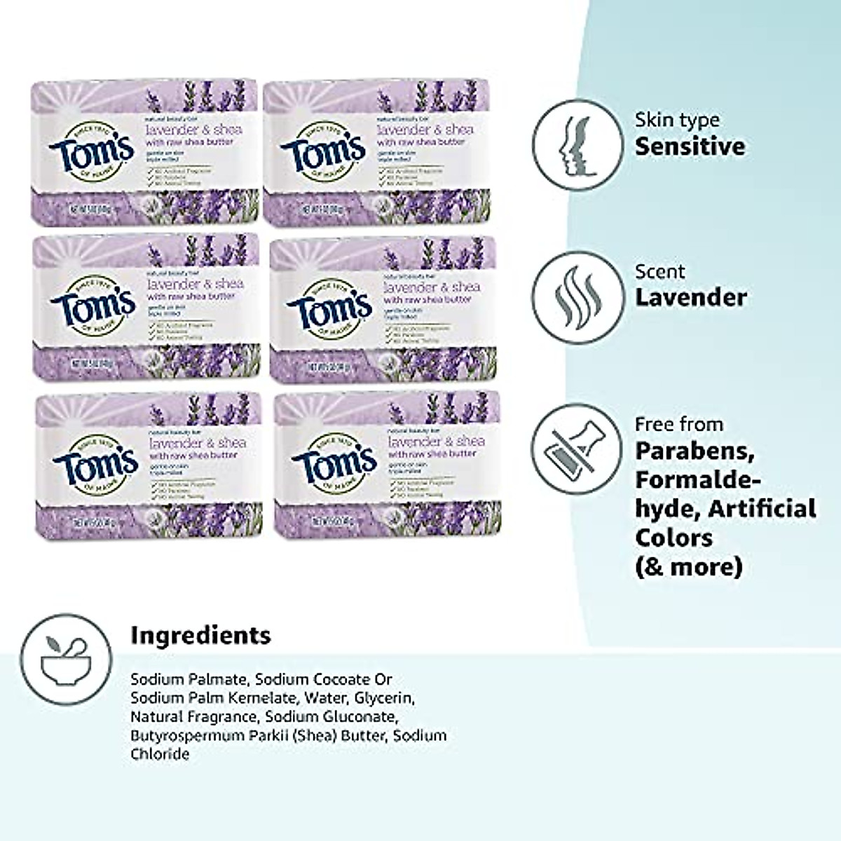 Tom's of Maine Natural Beauty Bar Soap, Lavender & Shea With Raw Shea Butter, 5 oz. 6-Pack