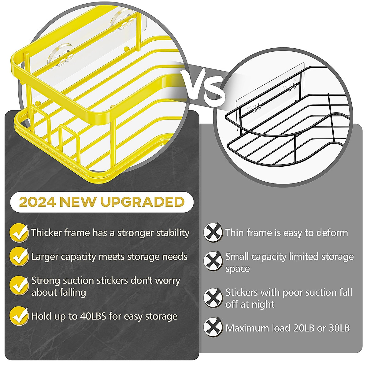 MAXIFFE Shower Caddy, 3-Pack Shower Organizer with Soap Holder, Corner Shower Caddy with 8 Hooks, Wall Mounted Shower Shelf for Bathroom, Kitchen, Countertop, Yellow