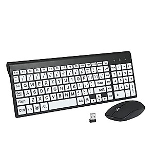 Full Size Large Print 2.4g Wireless Keyboard and Mouse with Oversized Print for Kids Visually Impaired Low Vision Individuals (Black)