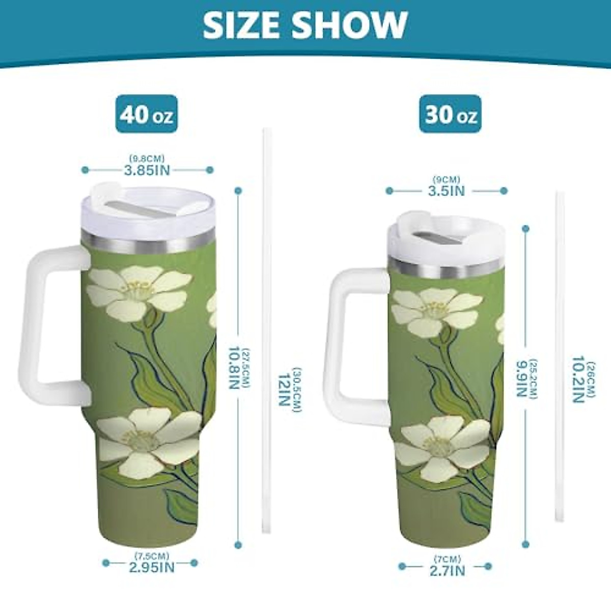 RPLIFE White Flowers Green 40 Oz Tumbler, Stainless Steel Cups with Lid, Tumblers for Women