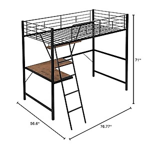 MOEO Twin Size Metal Loft Bed with L-Shaped Desk and Shelf, Bedfram w/Guardrail for Kids, Home, No Spring Box Required, Black