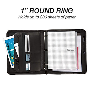 Samsill Professional 1-Inch Zipper Binder Padfolio with iPad Pocket, Interview Document Organizer, Includes Refillable 8.5 x 11 Inch Writing Pad and Pen Loop, Black