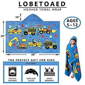LOBETOAED Kids Hooded Beach Bath Towel,Baby Surf Poncho Toddlers Soft Real Cotton Wrap Changing Robe for Boy Girl Shower/Beach/Pool Child Cover ups 50"x30" Large Towel Wrap,Engineering Vehicle Pattern