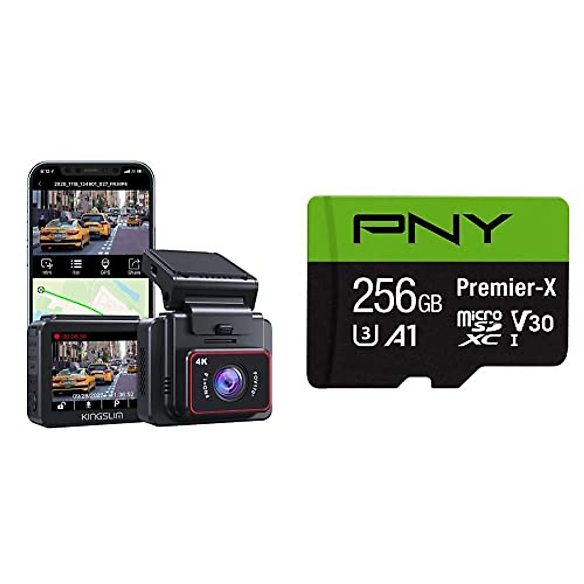 Kingslim D5-4K Dash Cam with WiFi - Front Dash Camera & PNY 256GB Premier-X Class 10 U3 V30 microSDXC Flash Memory Card - 100MB/s, Class 10, U3, V30, A1, 4K UHD, Full HD, UHS-I, Micro SD