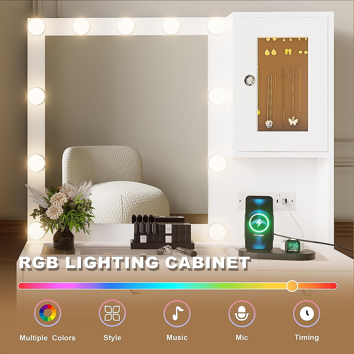 Ksuefao Vanity Desk with LED Lighted Mirror & Charging Station, Makeup Vanities Table with 2 Drawers for Bedroom, Storage Bench Included, White