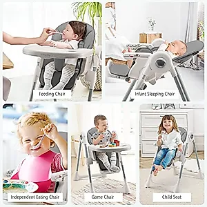 BABY JOY Convertible High Chair for Babies & Toddlers, Foldable Highchair with Adjustable Backrest/Footrest/Seat Height, Double Removable Tray, Detachable PU Cushion, Built-in Front Wheels (Gray)