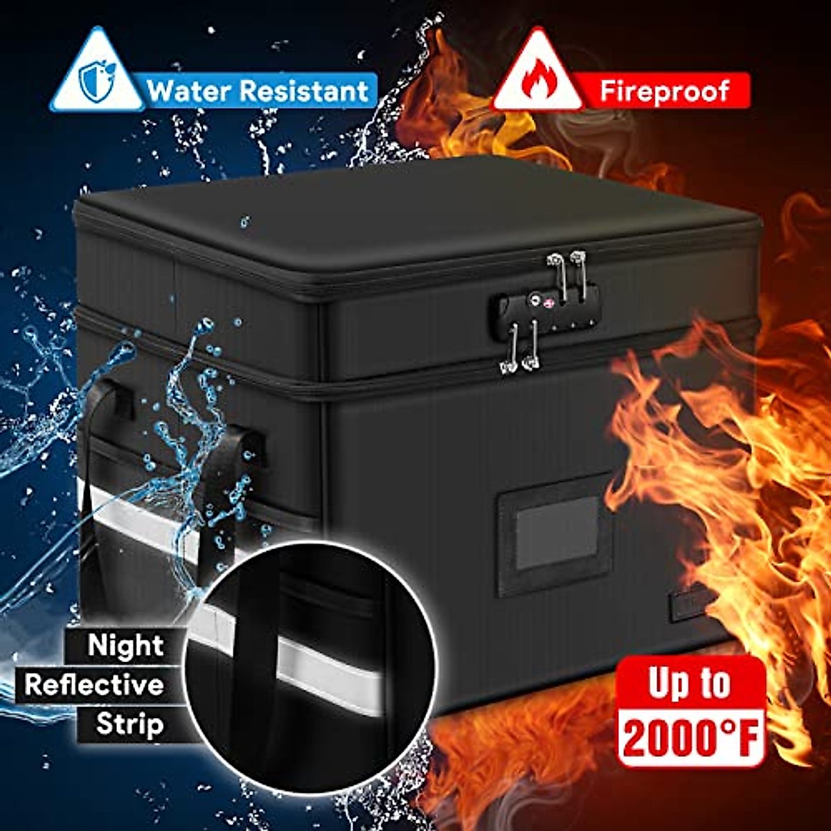 Fireproof Document Box with Lock, ETRONIK 2 Layer File Box Organizer with 5 Tab Inserts, Portable Office Collapsible File Storage with Reflective Strip for Hanging Letter/Legal Size Folder/Certificate