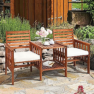 HAPPYGRILL Acacia Wood Loveseat with Table Patio Bistro Set Wooden Table Chairs Set with Cushions, Outdoor Furniture Set with 2.1-inch Umbrella Hole for Garden Balcony