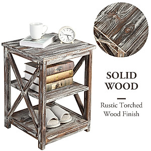 MyGift 24 Inch Tall End Table, Rustic Torched Solid Wood Living Room Accent Side Table with 3 Tier Display Shelf, Wooden X Design Bedroom Nightstand Square Storage Shelves