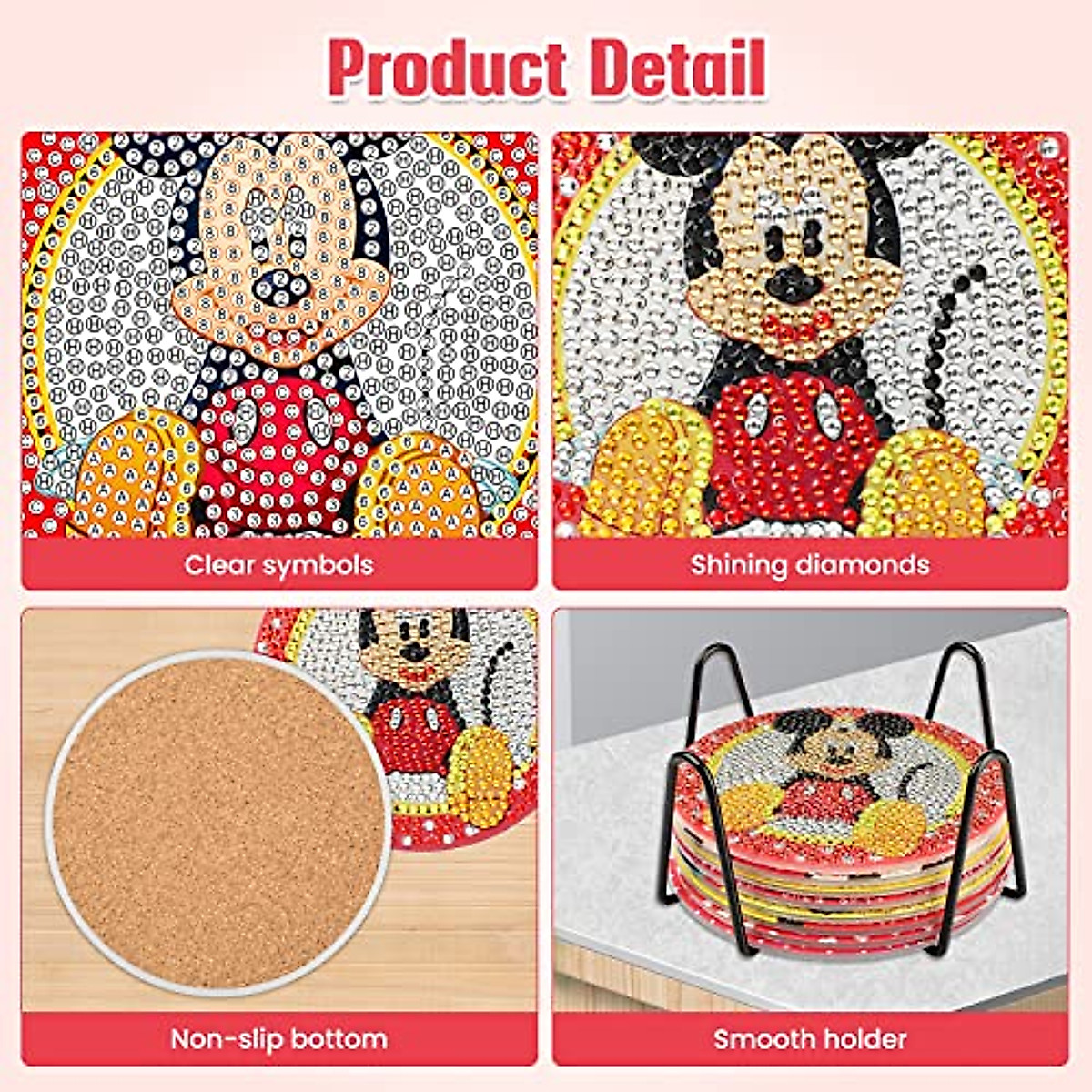 CEOVR 8 Pcs DIY Diamond Painting Coasters for Drinks with Holder, Cute Cartoon Mouse Diamond Art Coasters Set Housewarming Gift for Friends Men Women Birthday Home Living Room Kitchen Bar Decorations