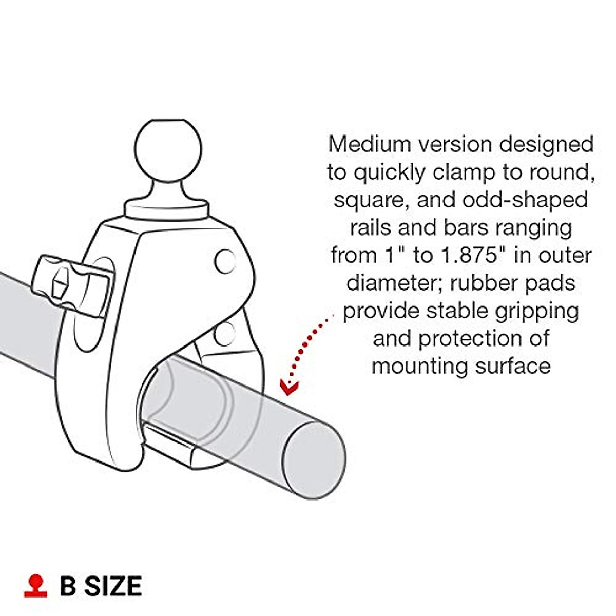 RAM Mounts RAP-B-404U Tough-Claw Medium Clamp Base with B Size 1" Ball for Rails 1" to 1.6" in Diameter