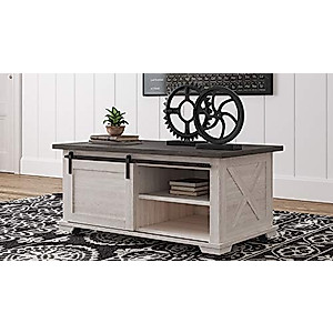 Signature Design by Ashley Dorrinson Farmhouse Coffee Table with Sliding Barn Doors, Antique White & Brown