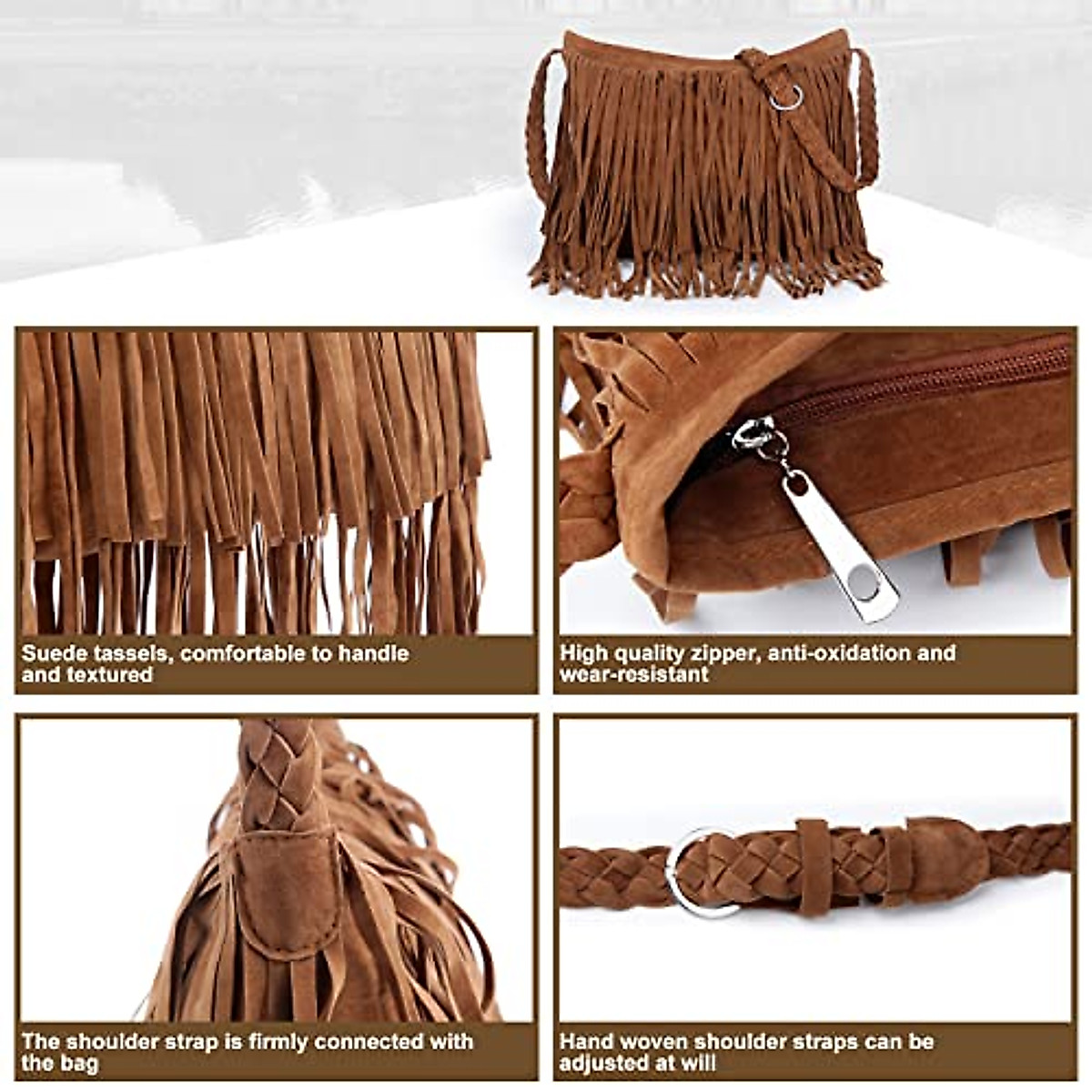 Hippie Suede Fringe Tassel hobo styles retro fashion shoulder Vintage Messenger bag Womens Sling Bag (Black)