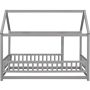 Harper & Bright Designs Twin Floor Bed for Kids, Wooden Twin Montessori Floor Bed with Fence-Shaped Rails, Twin Size House Bed for Girls, Boys(Twin, Grey)