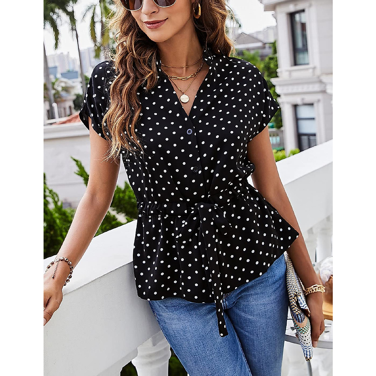 Womens Button Down Blouses Casual Peplum Summer Tops Dressy Chiffon Work Blouse Polka Dot Black Large