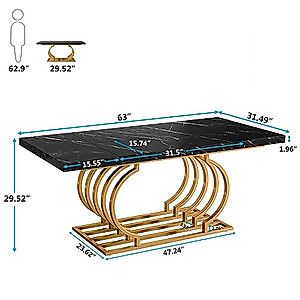 Tribesigns Modern Dining Table, 63 inch Faux Marble Wood Kitchen Table for 6 People, Rectangular Dinner Room Table with Geometric Frame for Kitchen, Dining Room, Black Gold