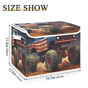 YMGQYJ American Monster Truck Storage Cube with Lid Collapsible, Large Capacity Foldable Storage Basket Bin Organizer 16.5×12.6×11.8 inches
