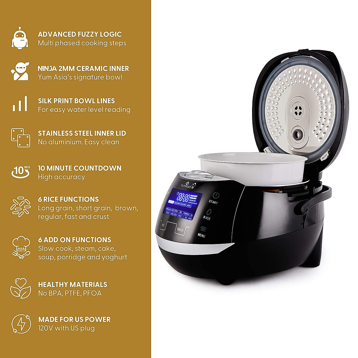 Yum Asia Sakura Rice Cooker with Ceramic Bowl and Advanced Fuzzy Logic (8 Cup, 1.5 Litre) 6 Rice Cook Functions, 6 Multicook Functions, Motouch LED Display, 120V Power (Black and Silver)