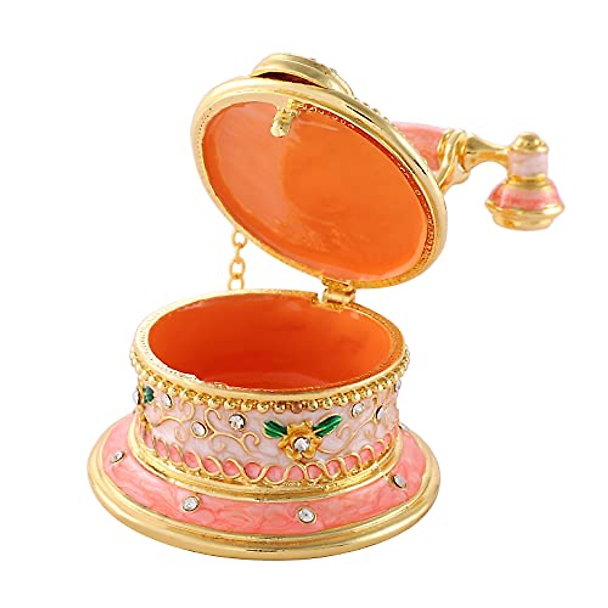 QIFU Hand Painted Telephone Pink Enameled Jewelry Trinket Box with Hinged Unique Gift for Home Decor