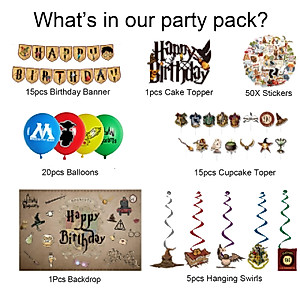 Harry Birthday Party Supplies Set Harry Birthday Decorations Include Backdrop,Happy Birthday Banner,Hanging Swirls,Latex Balloons,Cake Cupcake Toppers,Stickers for Magic Movie Birthday Party Supplies