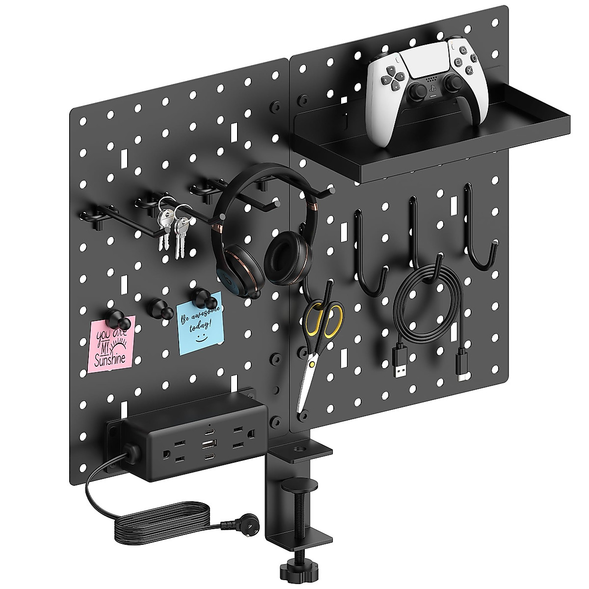 CCCEI Desk Organizer and Storage Pegboard with Charging Station, Gaming Standing Office Supplies Shelf Accessorie, Black Desktop Clamp Peg Board Privacy Organization Panel. Gifts for Men, 6FT.