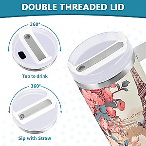 ALAZA Roses Flowers Eiffel Tower 40 oz Tumbler Water Bottle with Straw Lid and Handle,Reusable Insulated Stainless Steel Cup for Women Men Travel Car Cup Holder